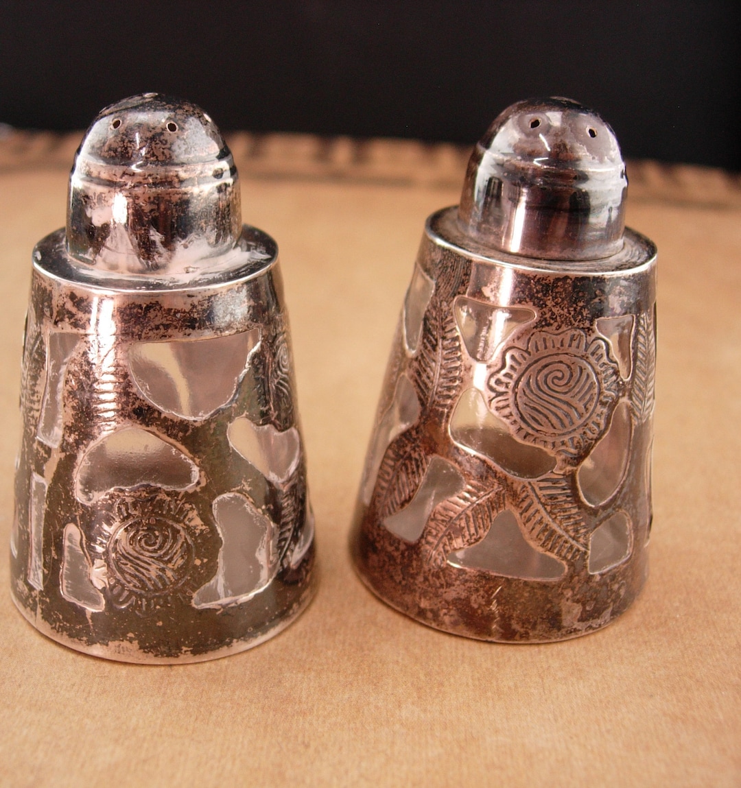 Vintage Sterling Silver Salt Pepper Set Unusual Floral and Glass Set ...