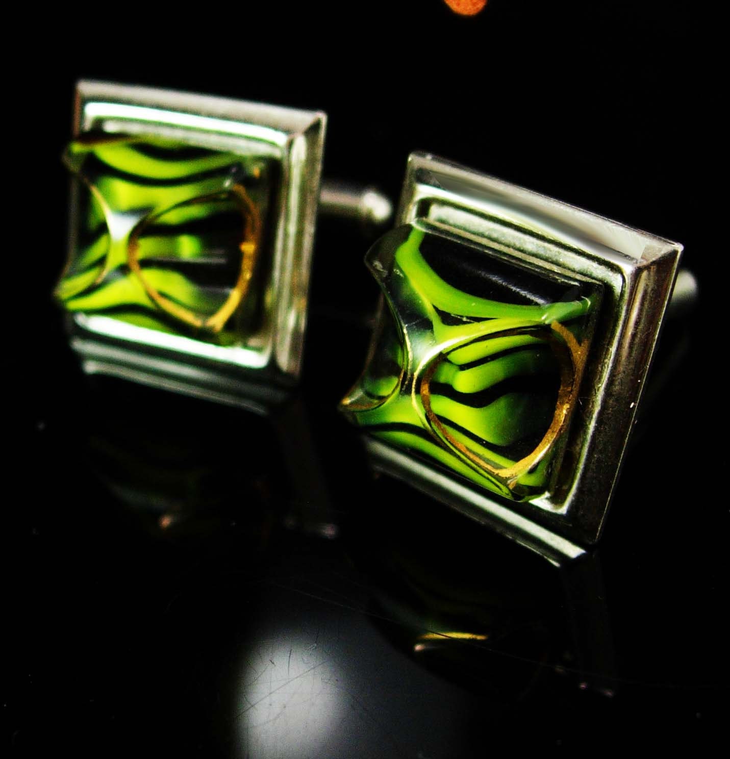 Elegant cufflinks Art deco cufflinks Black Green molded glass | Etsy