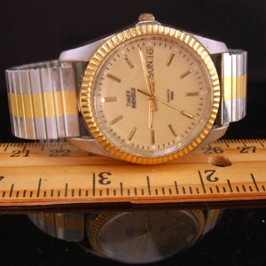 LARGE Mens Timex Indiglo Wrist Watch - Stainless & Gold Tone Calendar Date - Runs Great - Fancy ...