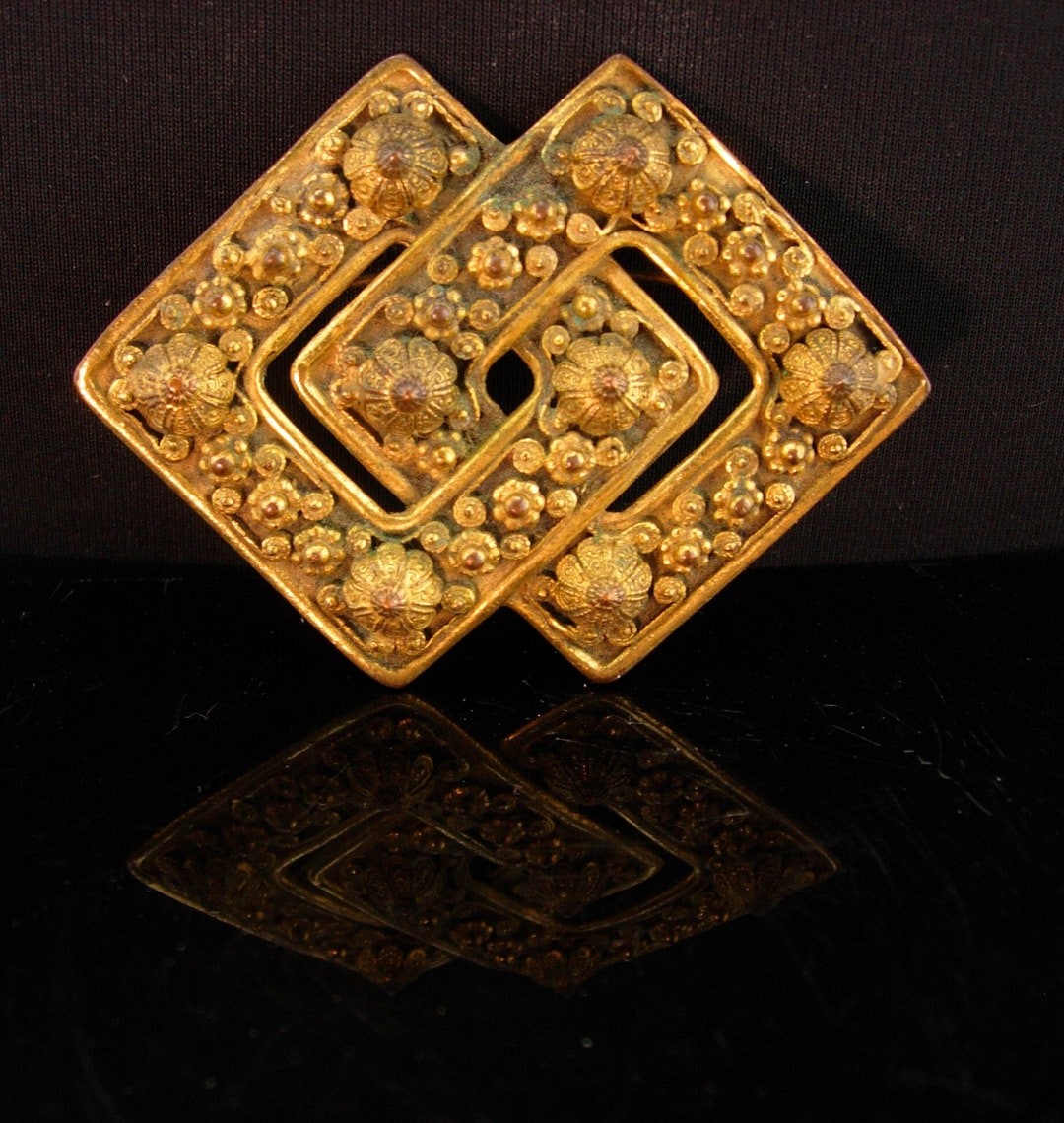 Antique Signed Sash Pin - Large Heavy Golden Bohemian Brooch - Vintage ...