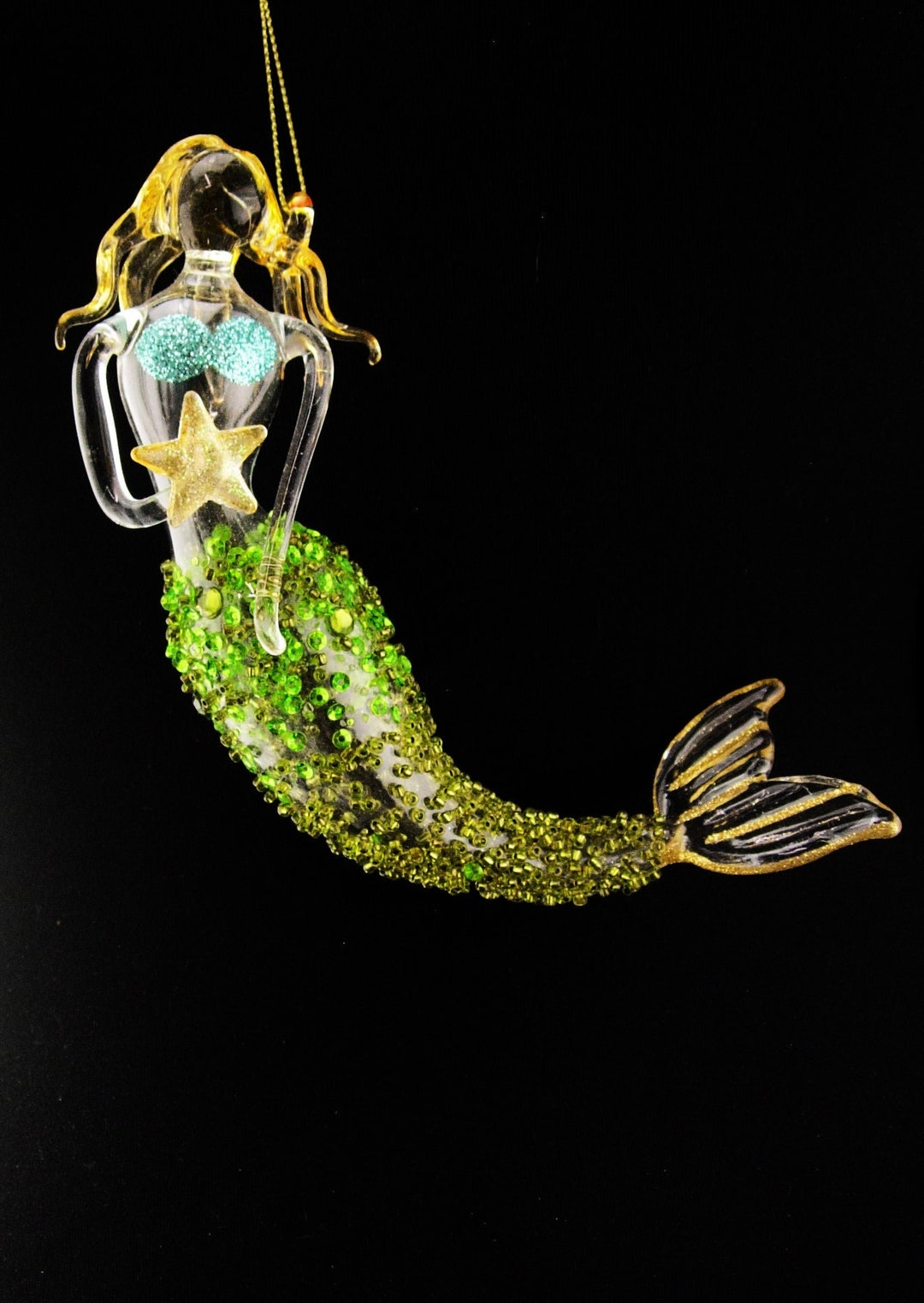 Vintage Large Green Sequin Glass Mermaid Ornament Hand Blown Glass ...