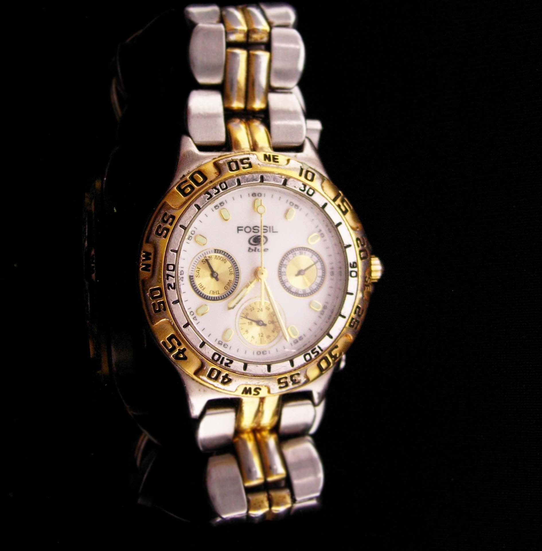 Mens Fossil Blue Chronograph Watch / Silver and Gold Plate - Etsy