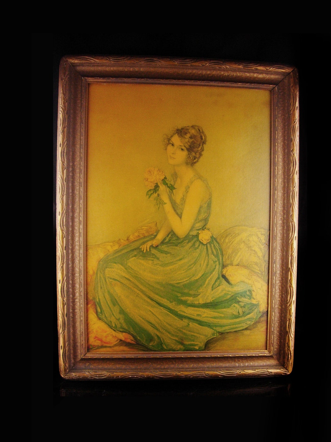 Large Vintage Mantle Portrait Framed Young Woman With Flower - Etsy