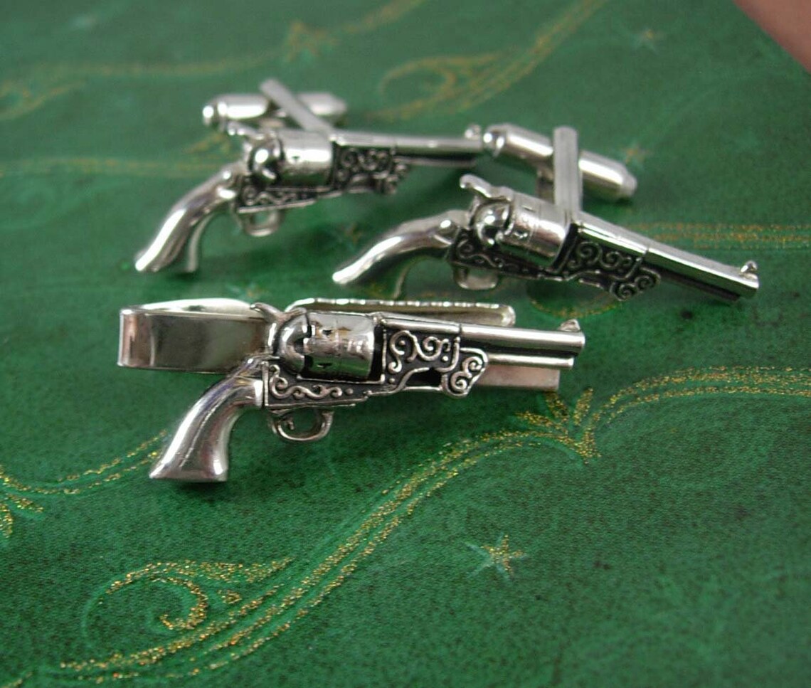 Vintage Gun Cufflinks Silver Revolver Tie Clip Bachelor Party - Etsy