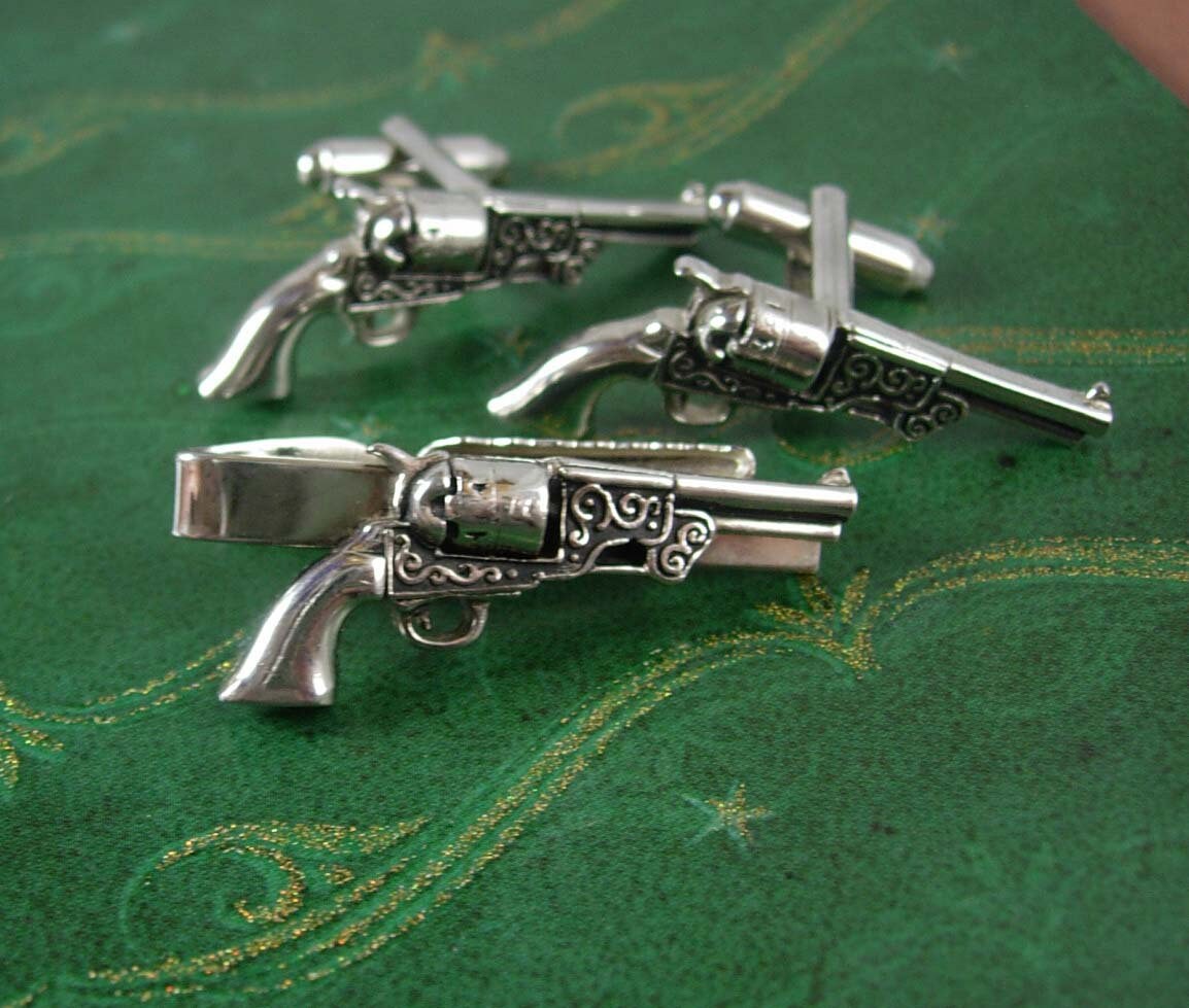 Vintage Gun Cufflinks silver Revolver Tie Clip Bachelor party | Etsy