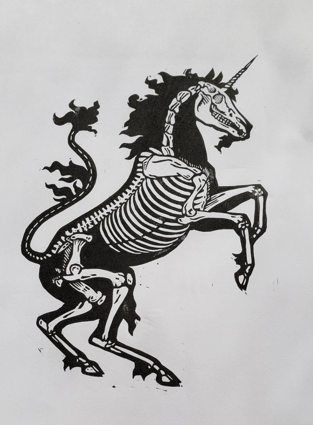 Handprinted Unicorn Skeleton Linocut Print on 8x10 - Etsy