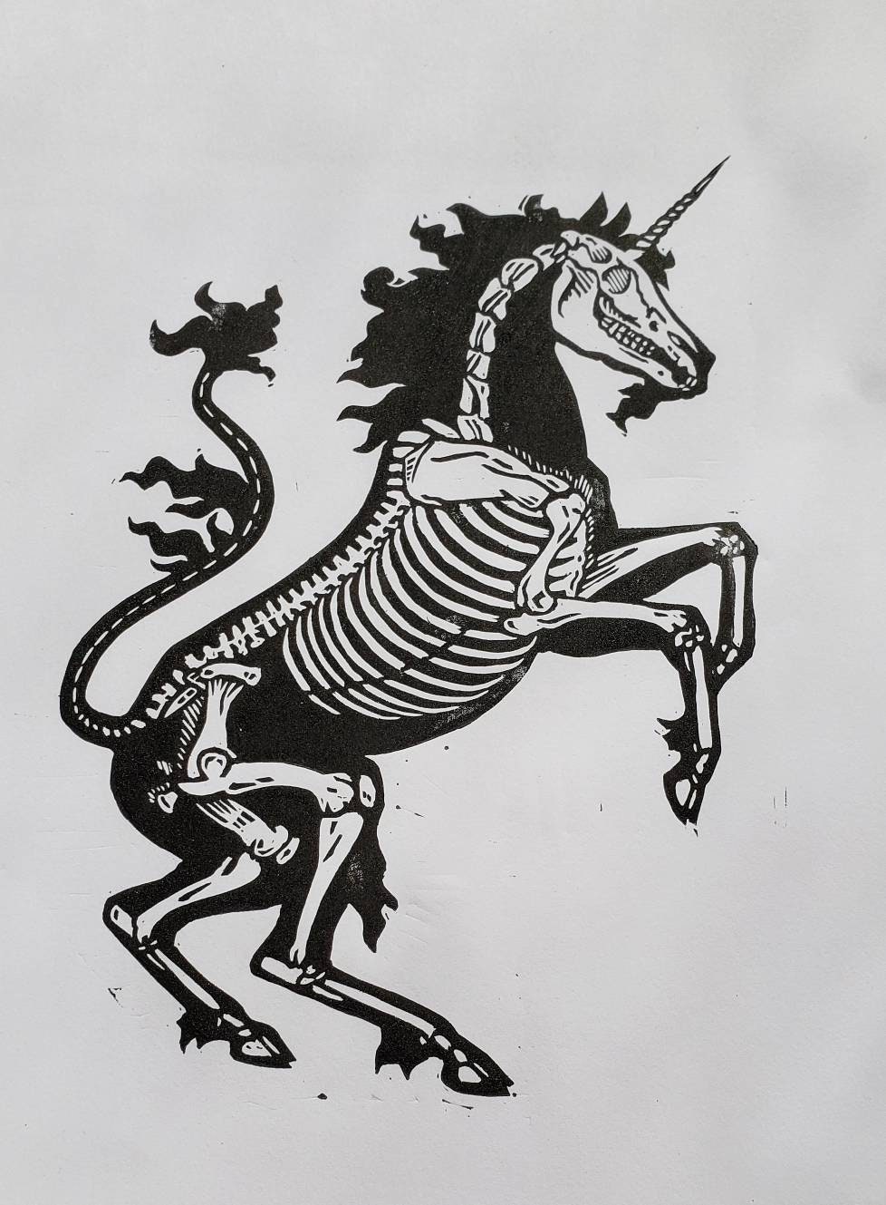 Handprinted Unicorn Skeleton Linocut Print on 8x10 - Etsy