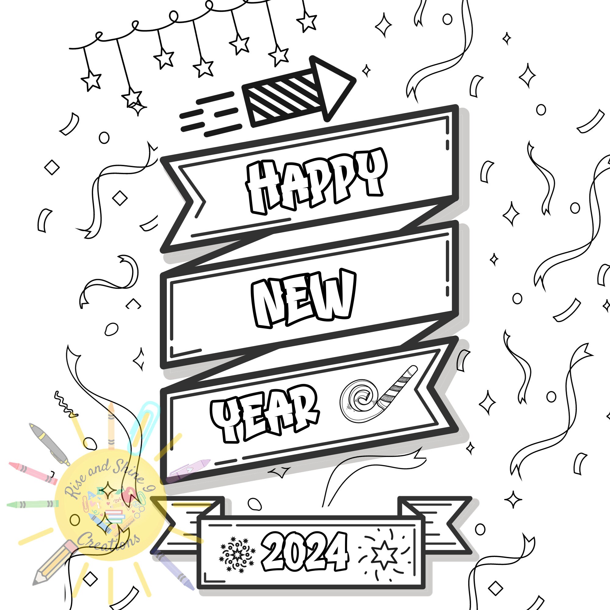 Happy New Year 2024 Coloring Pages for Kids and Adults - Etsy