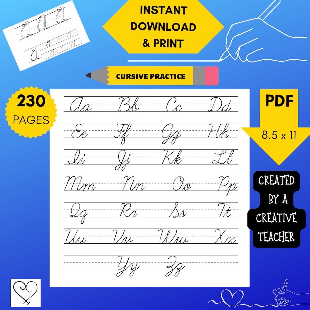 Printable Cursive Handwriting Worksheets : 234-page Instant PDF Digital ...