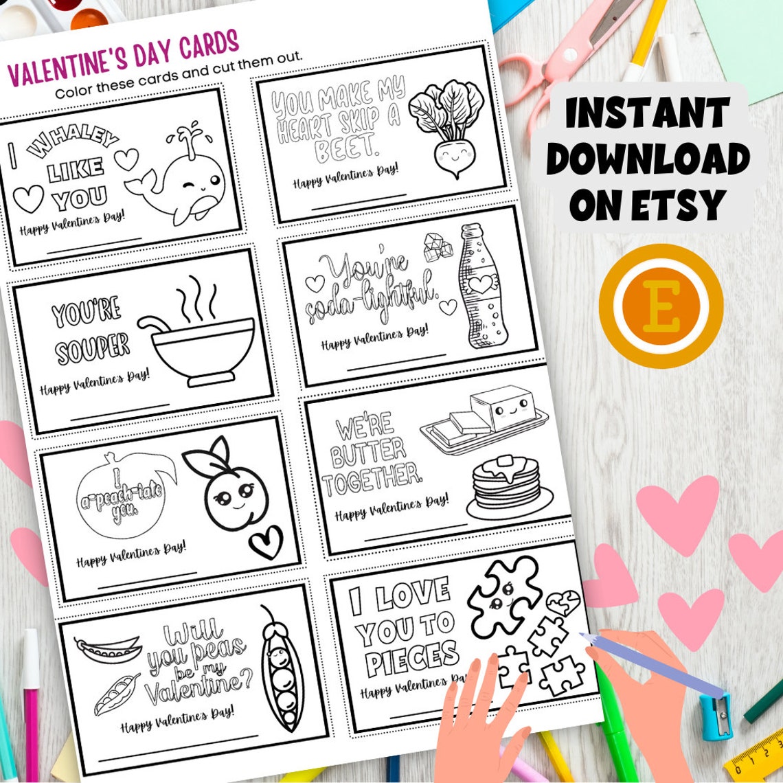 Valentine Printable Cards for Kids: 32 Cute Valentine Puns to Color and ...