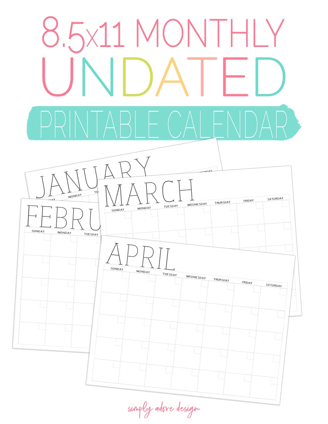 Printable Monthly Calendar | Undated Calendar | Blank Calendar ...