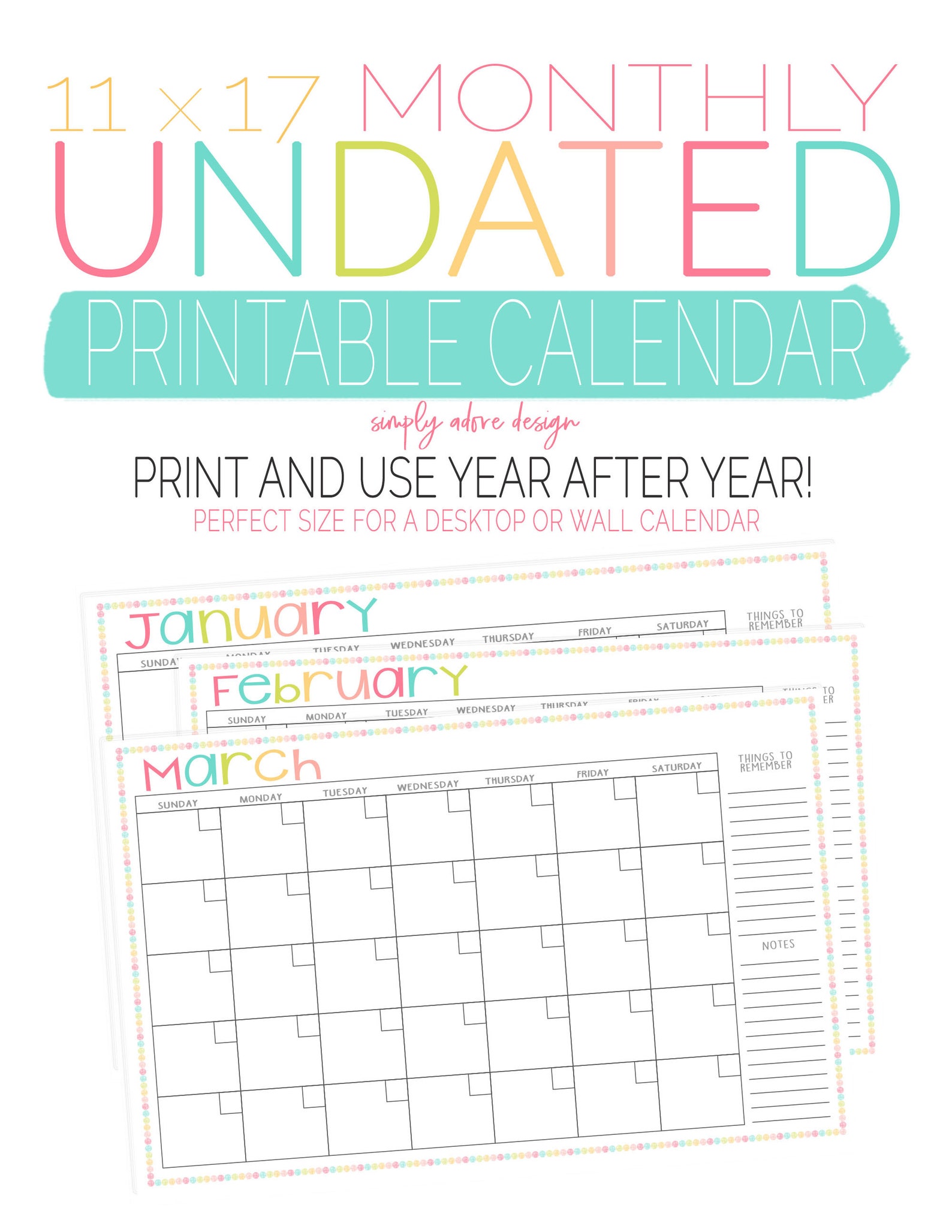 Printable Monthly Calendar Undated Calendar Blank Calendar Monthly ...