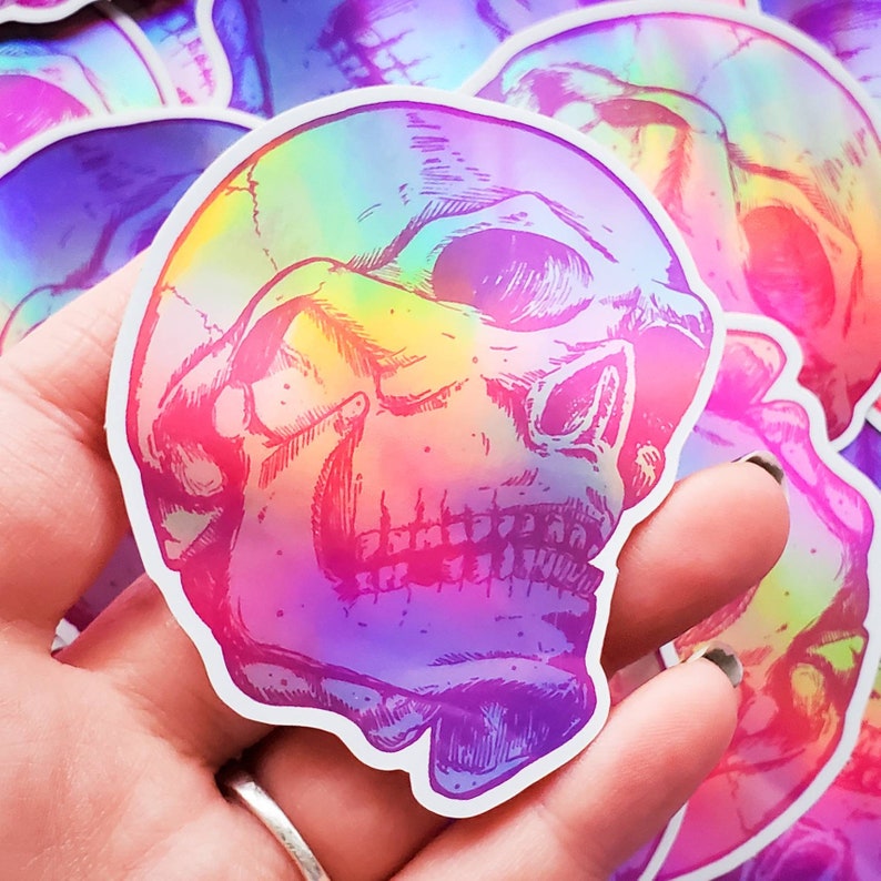 Holographic Pink Skull Vinyl Sticker // Water & Weather - Etsy