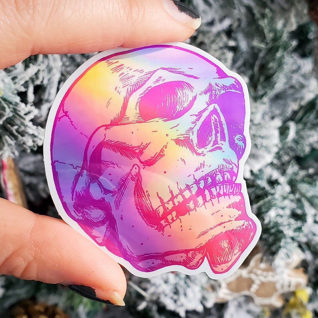 Holographic Pink Skull Vinyl Sticker // Water & Weather Resistant Goth ...