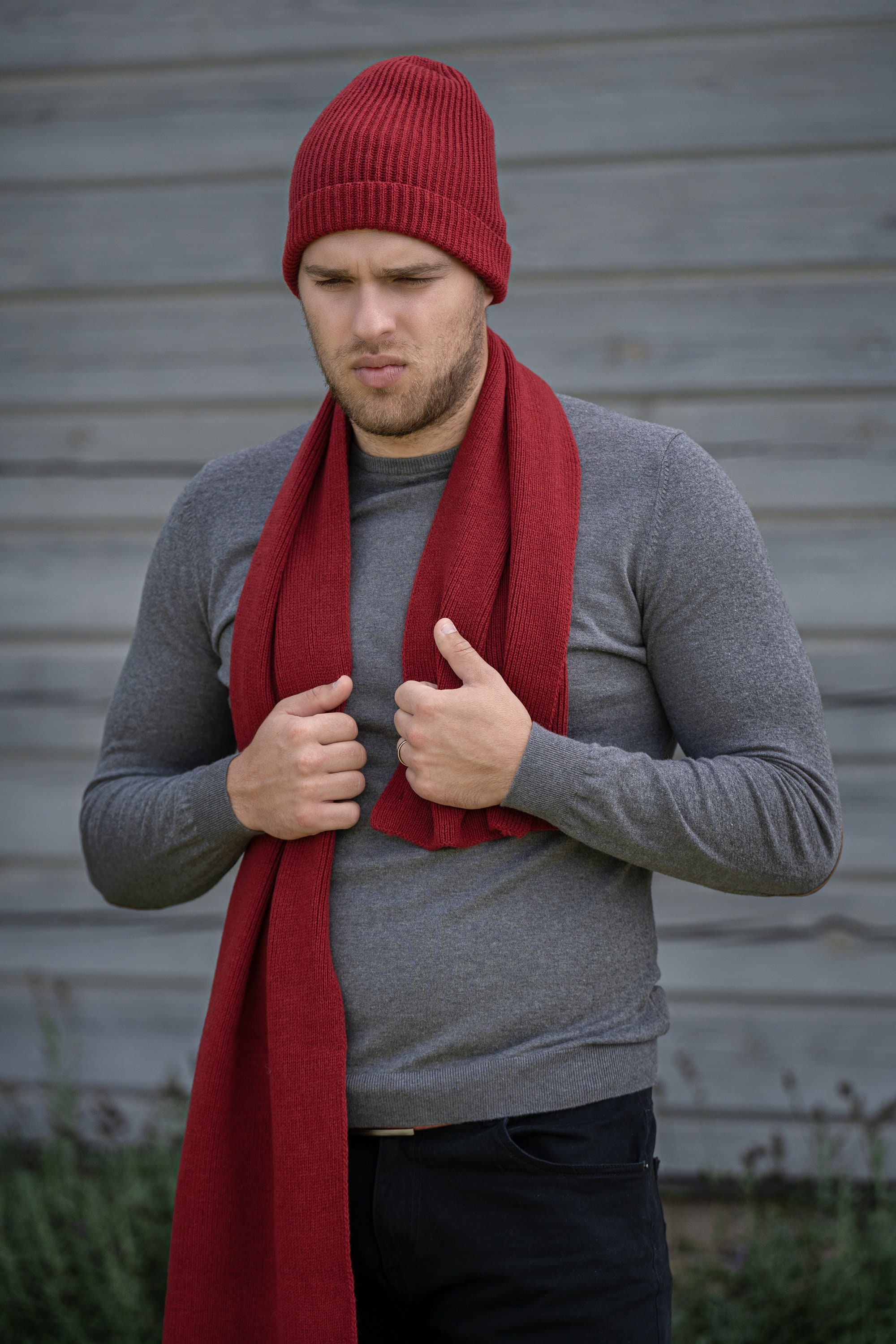 Red Merino Wool Fisherman Beanie for Man Unisex Hand Knit - Etsy