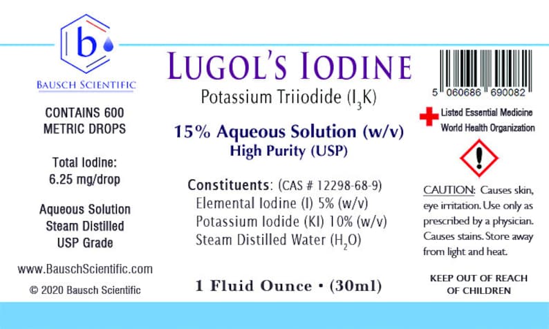 Lugol's Iodine 15% Solution: High Purity, Glass Dropper, 1oz Bausch ...