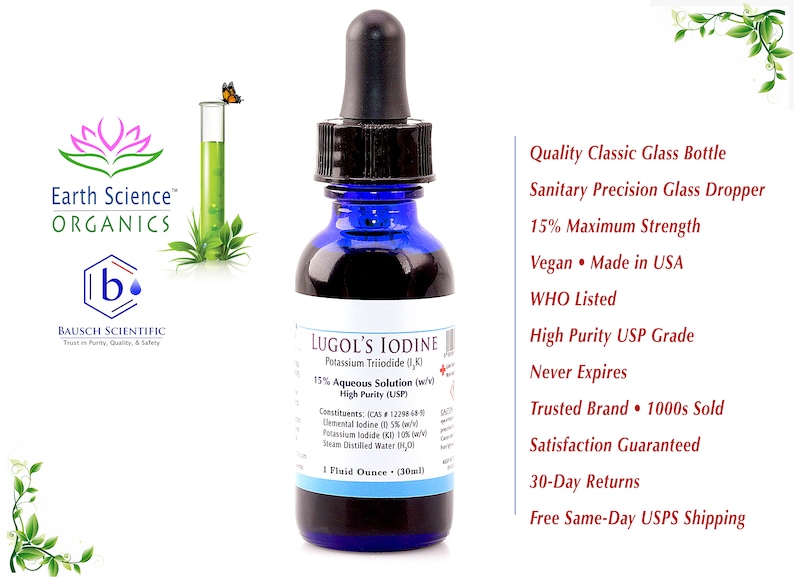 Lugol's Iodine 15% Solution: High Purity, Glass Dropper, 1oz Bausch ...