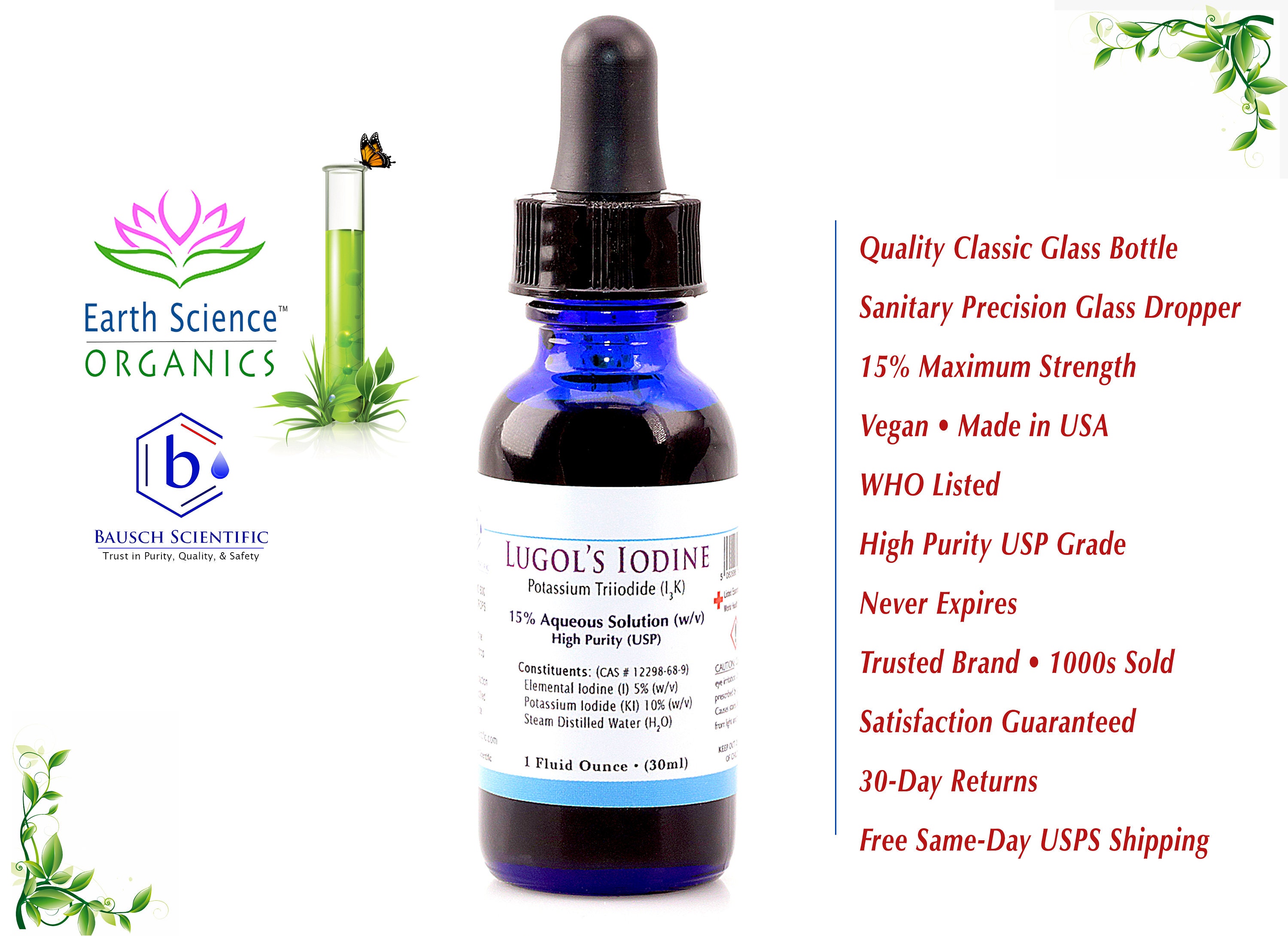 Lugol's Iodine 15% Solution: High Purity, Glass Dropper, 1oz Bausch ...