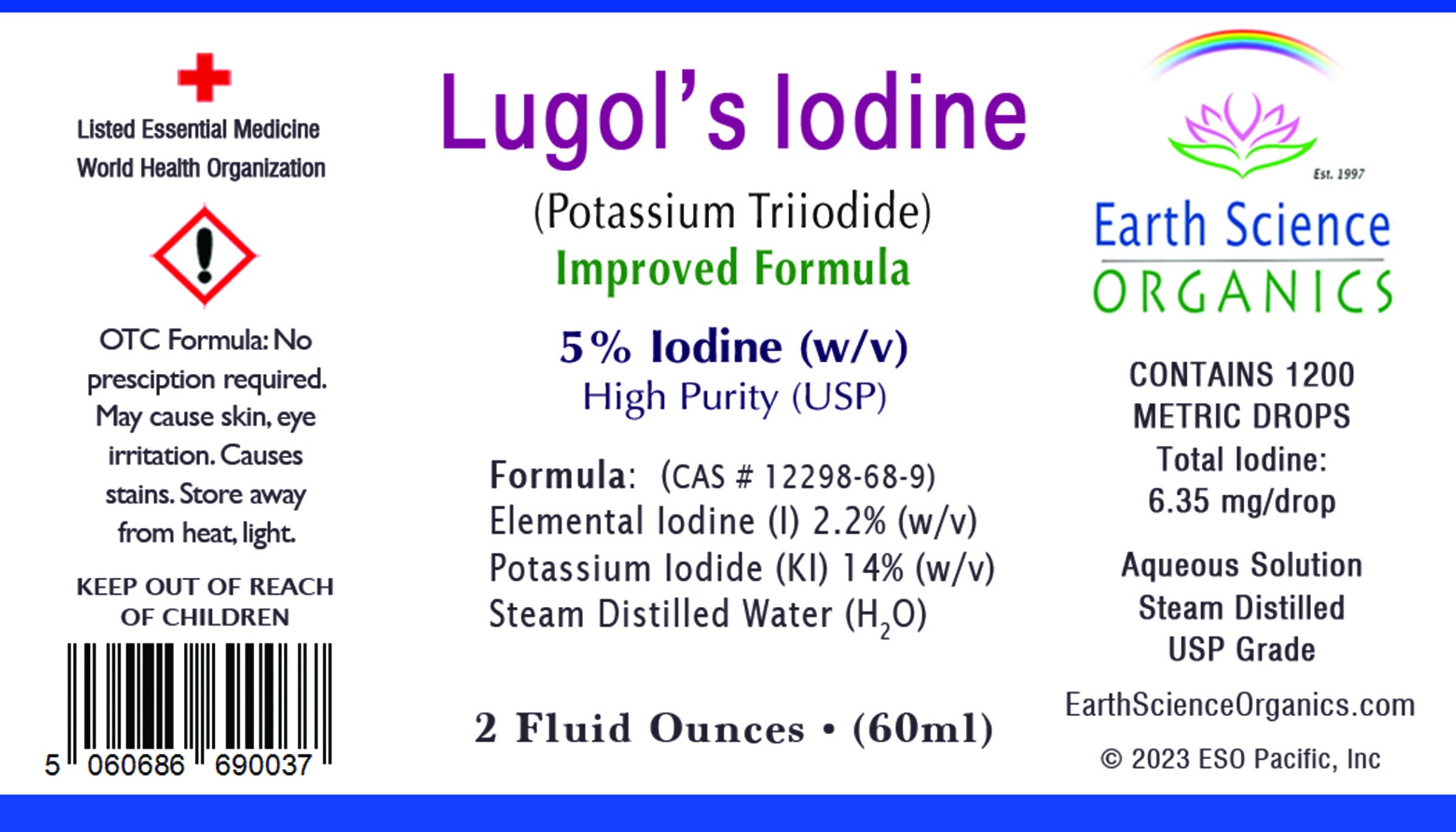2 Oz 5% Lugols Iodine Strong Solution Earth Science Organics 2oz Bottle ...