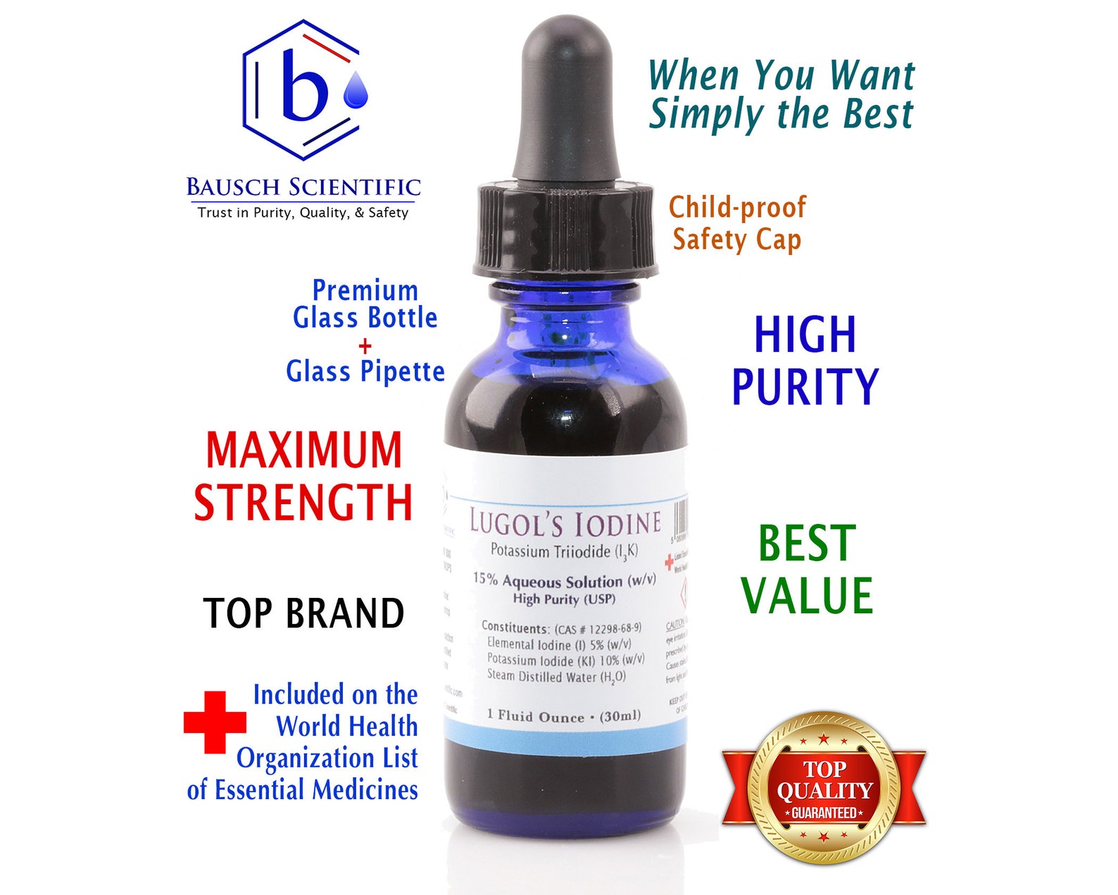 Lugol's Iodine 15% Solution: High Purity, Glass Dropper, 1oz Bausch ...