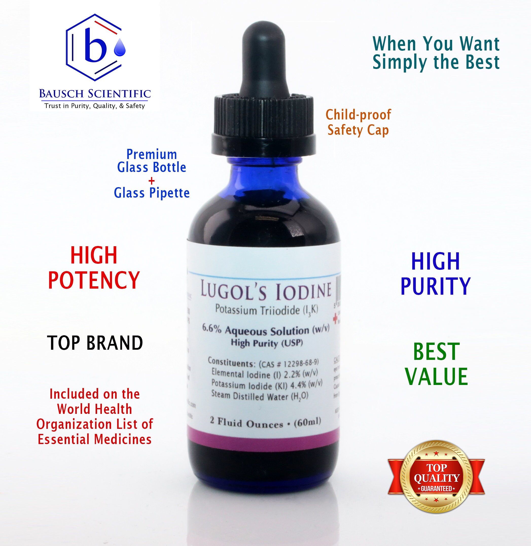 Lugol's Iodine USP 15% Max Strength 1oz + Two 6.6 Percent 2oz Bottles W ...