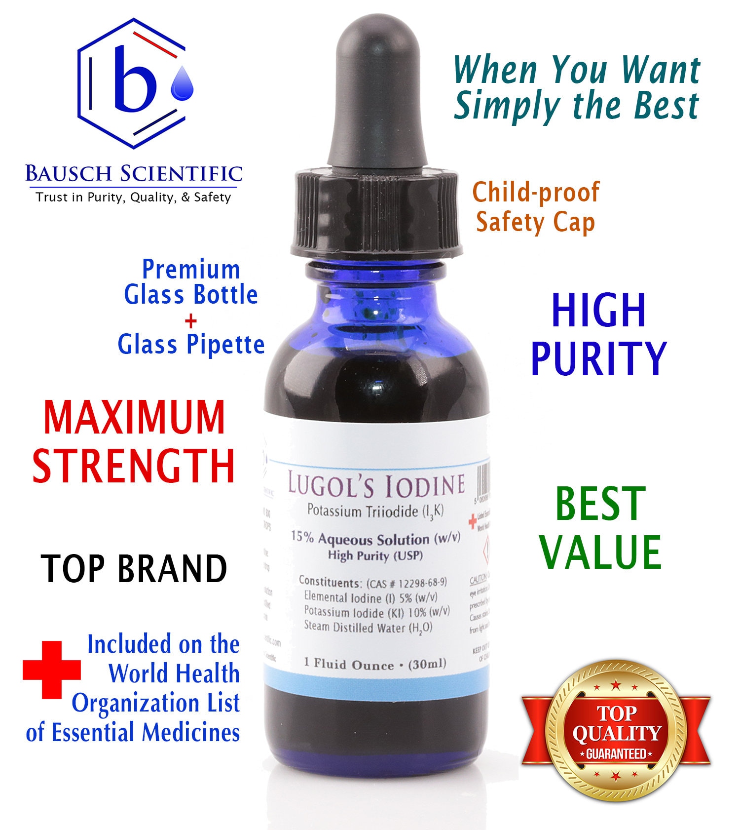 Lugol's Iodine USP 15% Max Strength 1oz + Two 6.6 Percent 2oz Bottles W ...