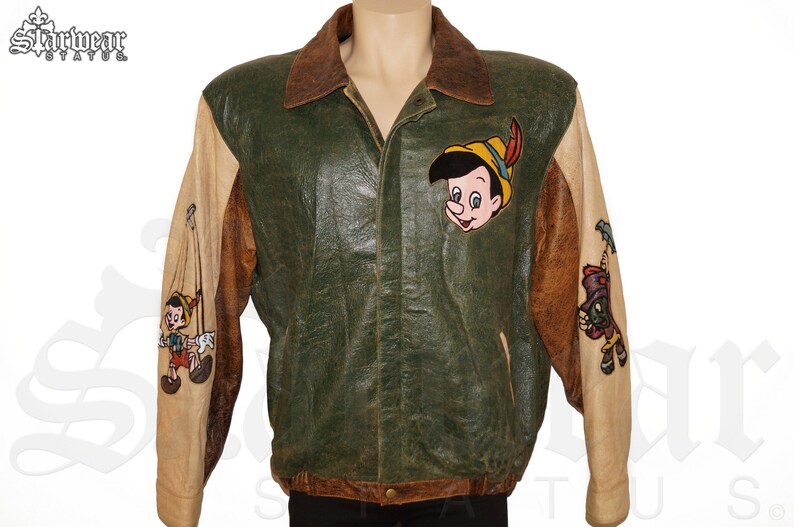 Vintage Leather Pinocchio Aviator Bomber Jacket Disney Green Brown M ...