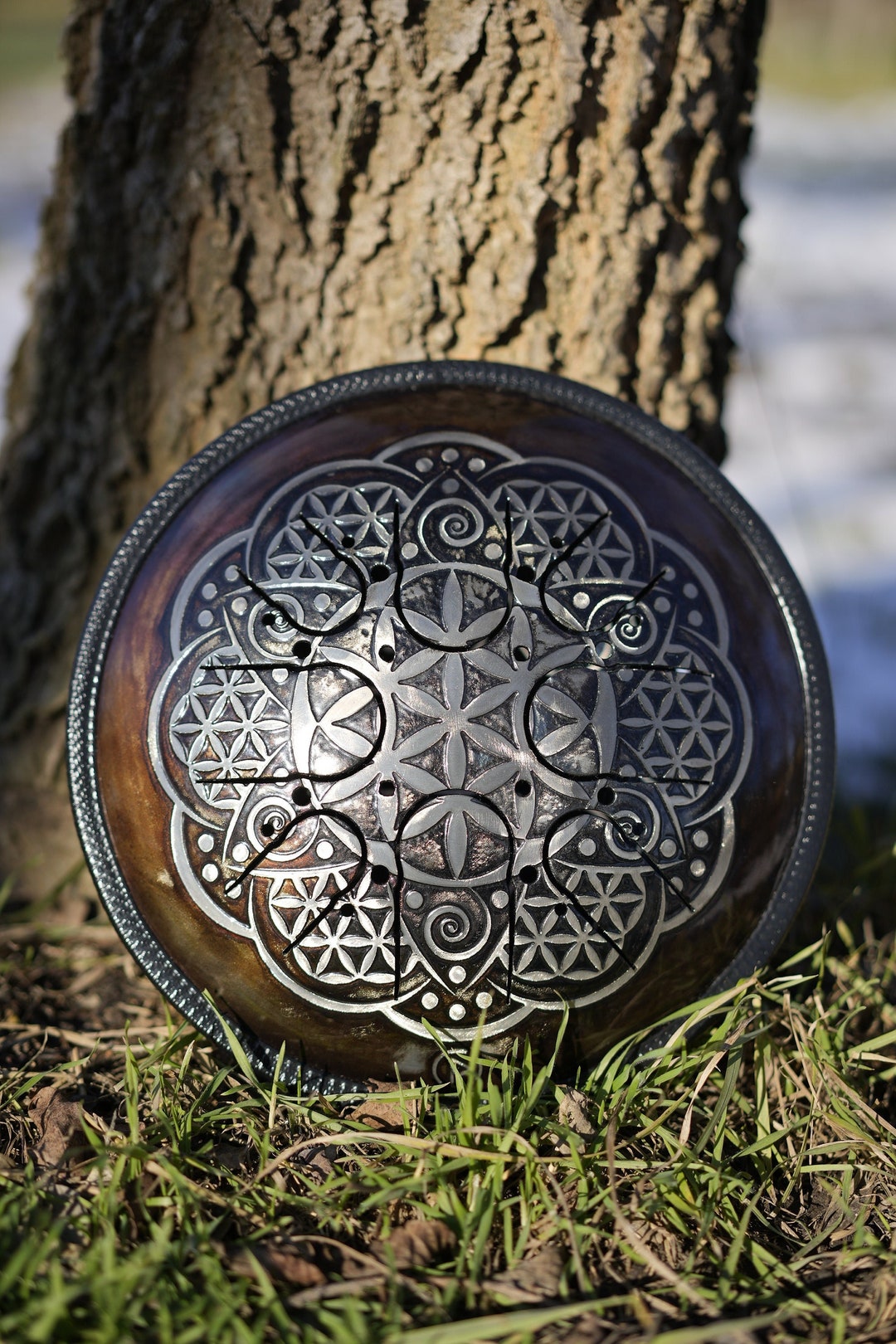 Meditation Steel Tongue Drum, Brown Flower of Life Tank Drum, Perfect ...