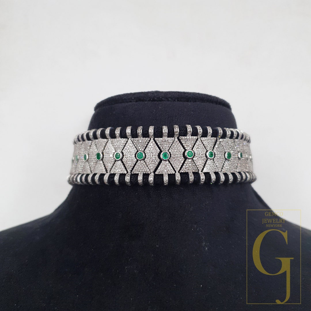 Diamond Emerald Choker: Handmade Sterling Silver Thread Necklace - Etsy