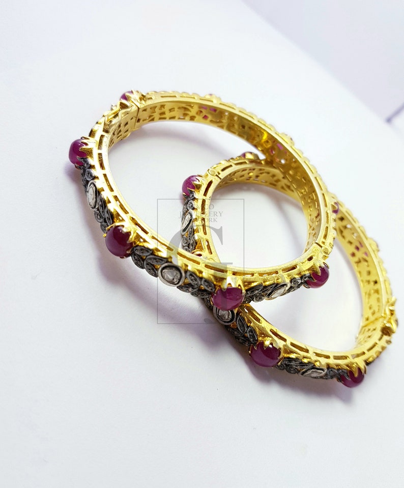 Indian Style Vermail Gold Ruby Bangle Rosecut Pave Diamond - Etsy