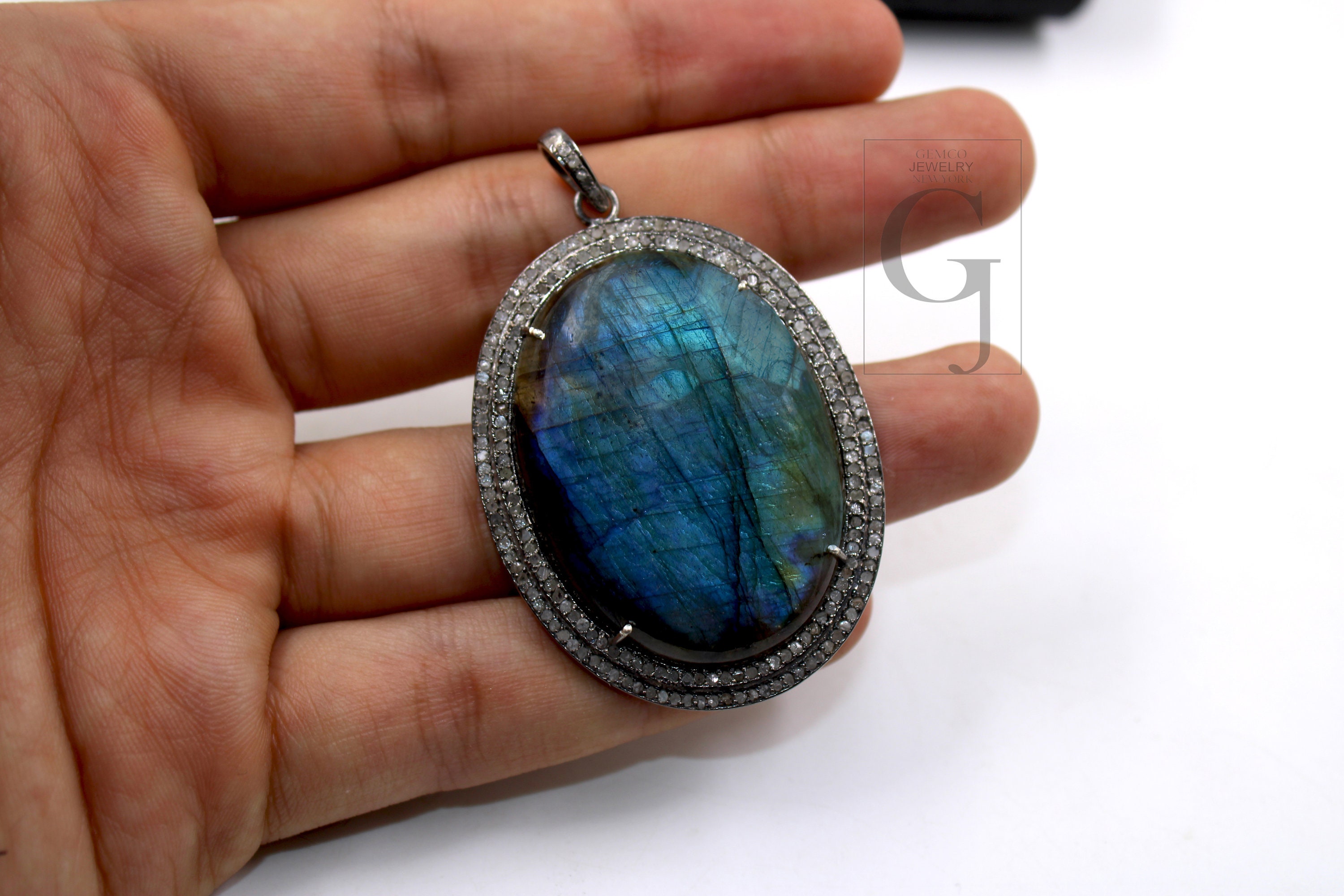 Antique look labradorite pendant 2 line of Rosecut pave | Etsy