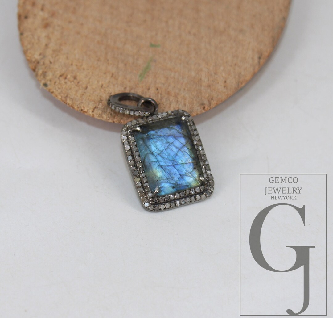 Antique Look Labradorite Pendant Designer Rosecut Pave Diamond 925 ...