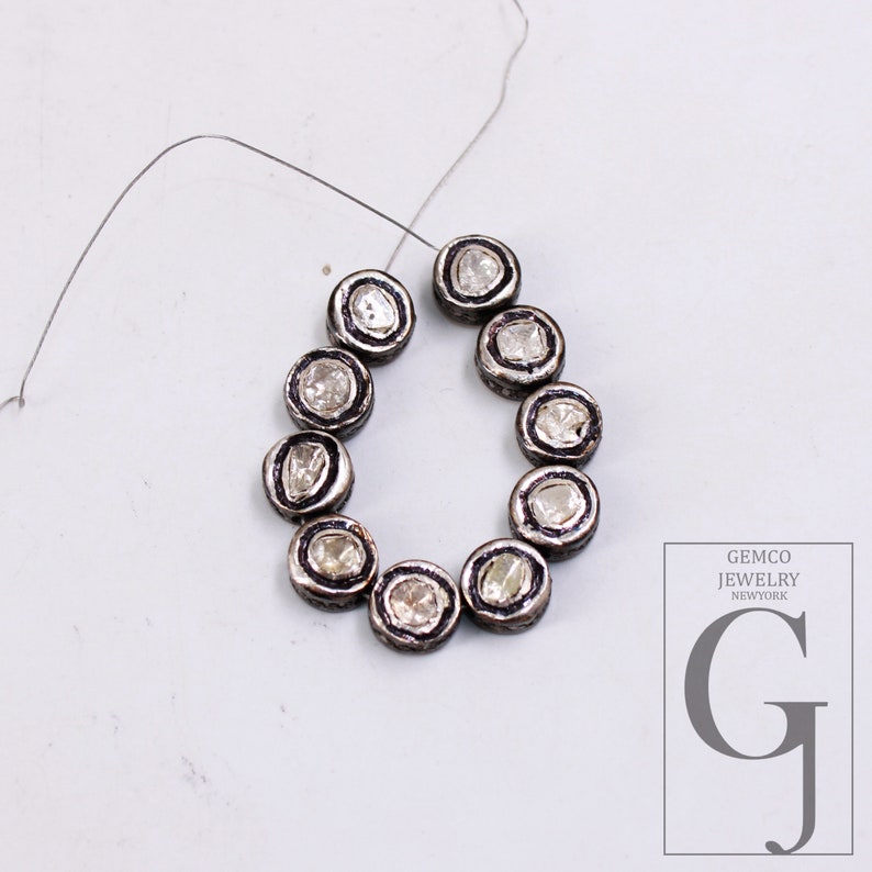 Handmade Sterling Silver Polki Diamond Bead: Rosecut Pave Coin (9mm/6mm ...