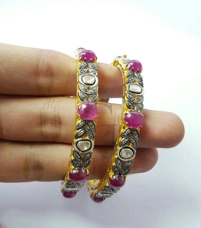 Indian Style Vermail Gold Ruby Bangle Rosecut Pave Diamond - Etsy
