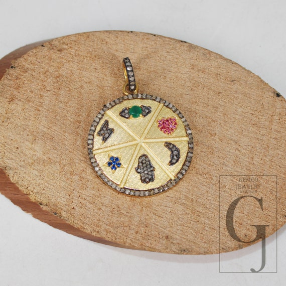 14k Gold Finish Designer Symbols Pendant Rosecut Pave Diamond - Etsy