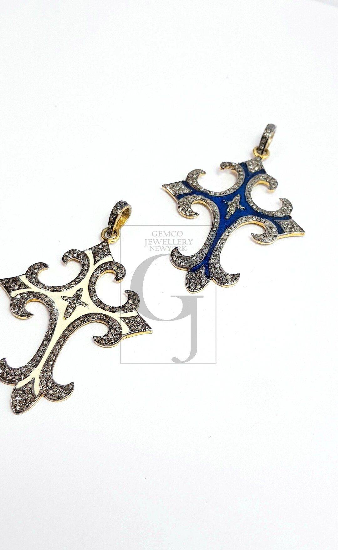 Enameling Designer Cross Shaped Rosecut Pave Diamond Pendant 925 ...