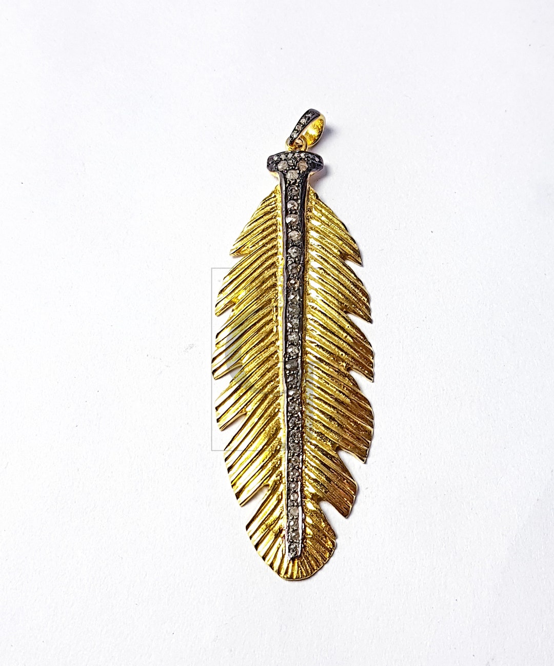 Golden Feather Diamond Pendant: Pave Rosecut 925 Sterling Silver - Etsy