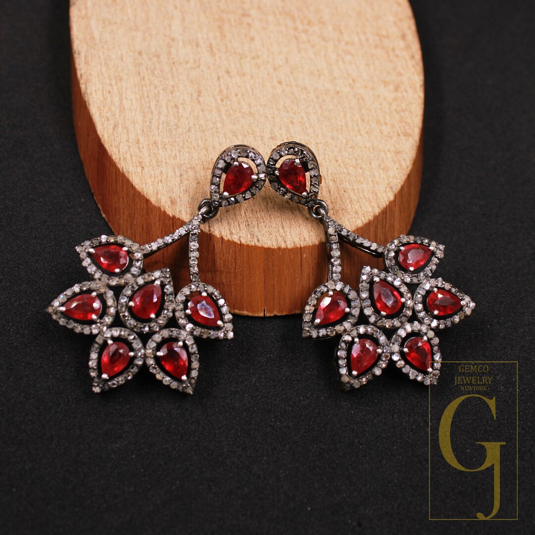 Red Ruby Designer Earring Rosecut Pave Diamond Earrings 925 Sterling ...