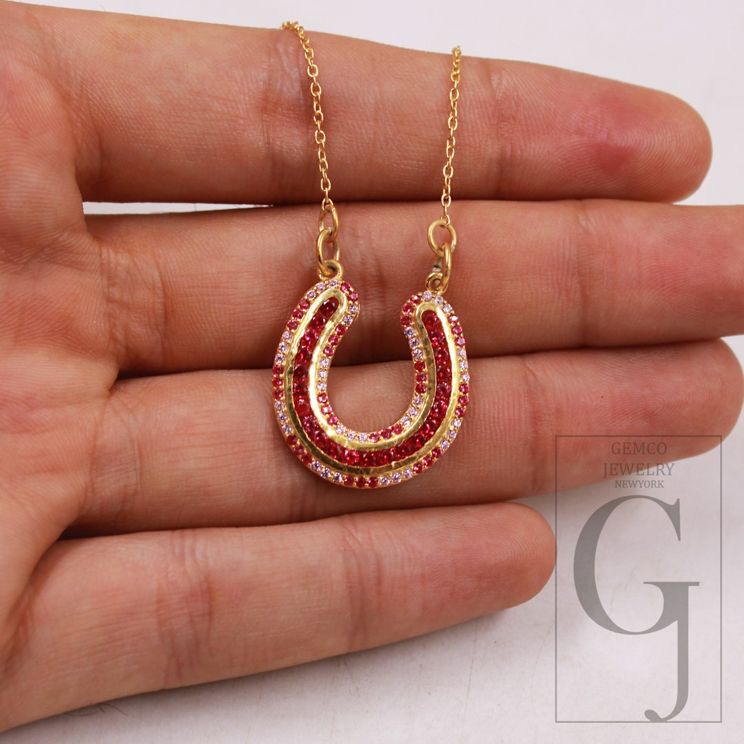 1pc Horseshoe Pendant in Ruby Red Color Stone Rosecut Pave Pendant 925 ...