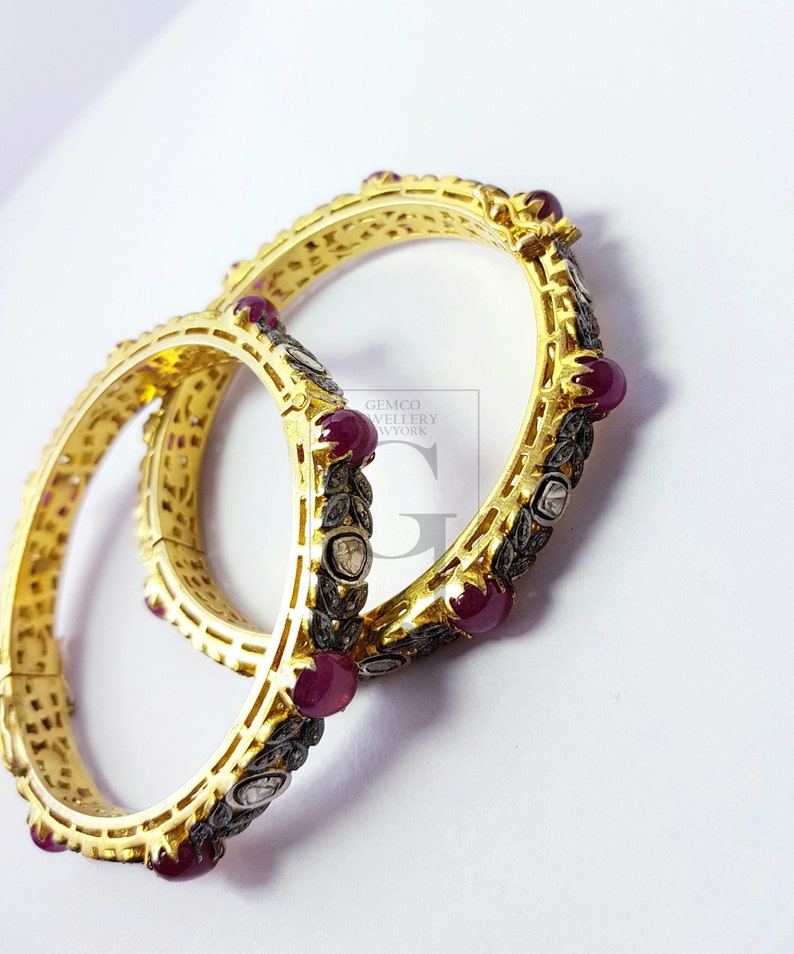 Indian Style Vermail Gold Ruby Bangle Rosecut Pave Diamond - Etsy