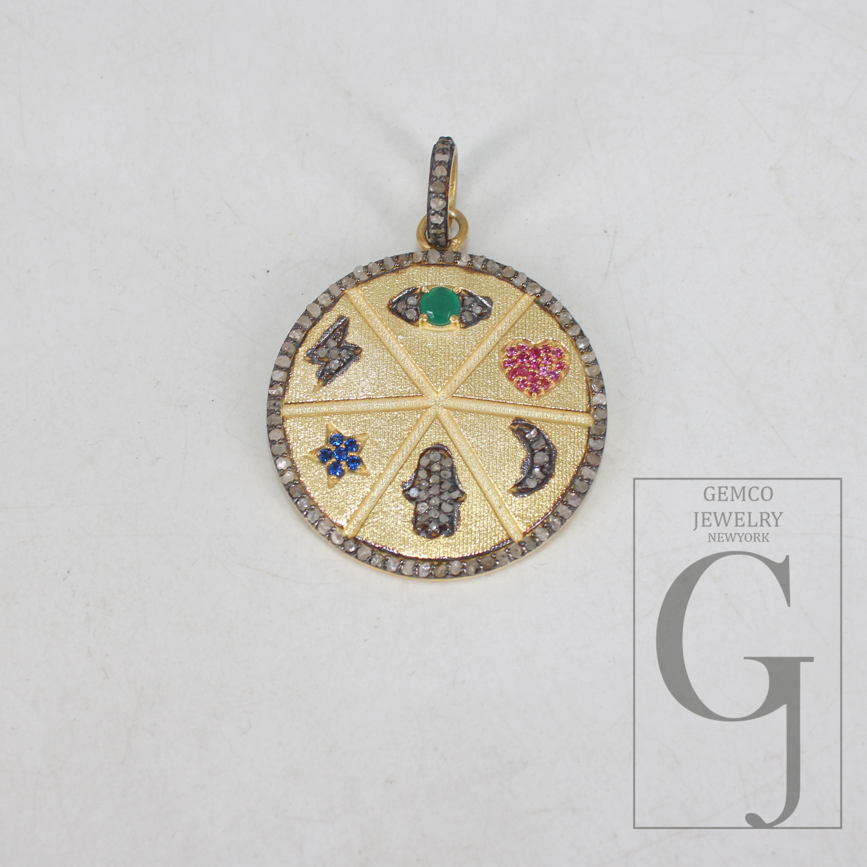 14k Gold Finish Designer Symbols Pendant Rosecut Pave Diamond - Etsy