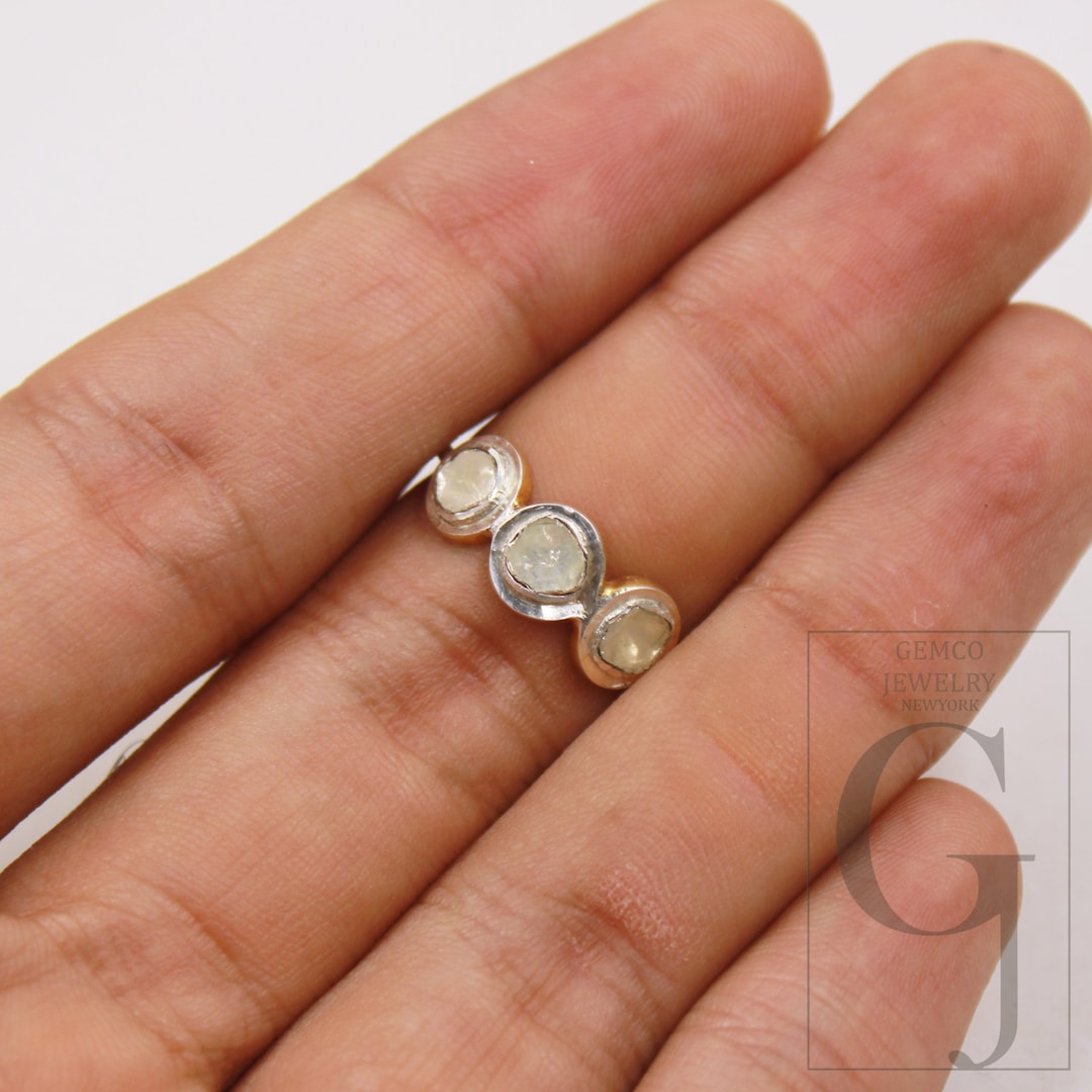 Beautiful 14k Gold Finish Designer Flat Diamond Ring Rosecut Polki ...