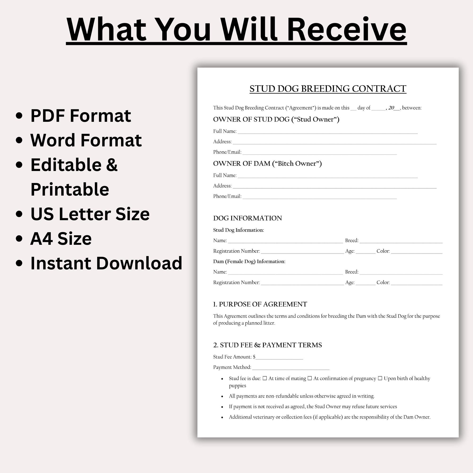 Stud Dog Breeding Contract Template, Editable Dog Mating Agreement PDF ...
