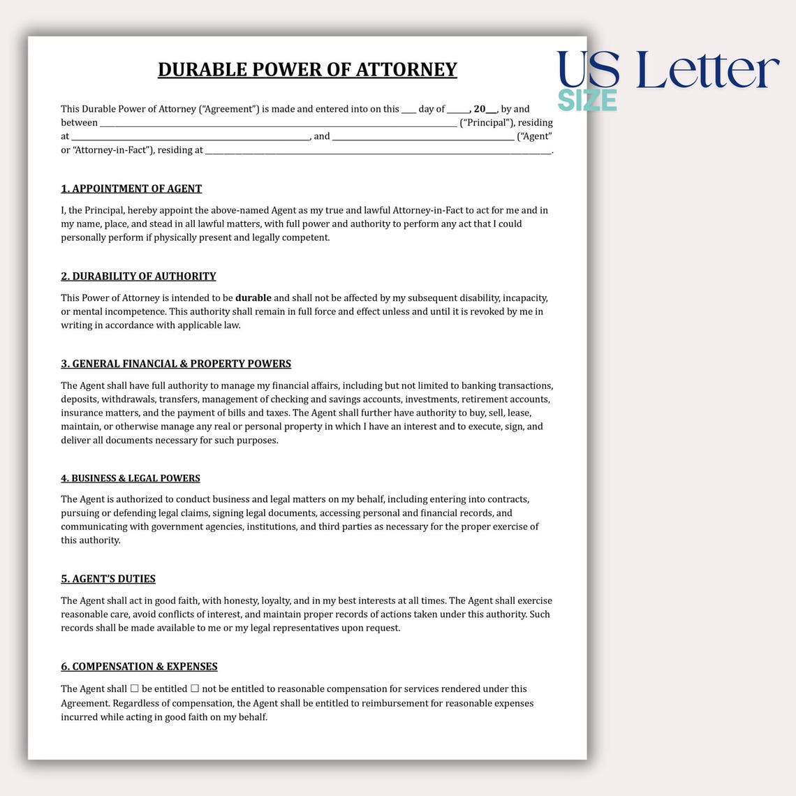 Durable Power of Attorney Template, Durable Power of Attorney Form ...