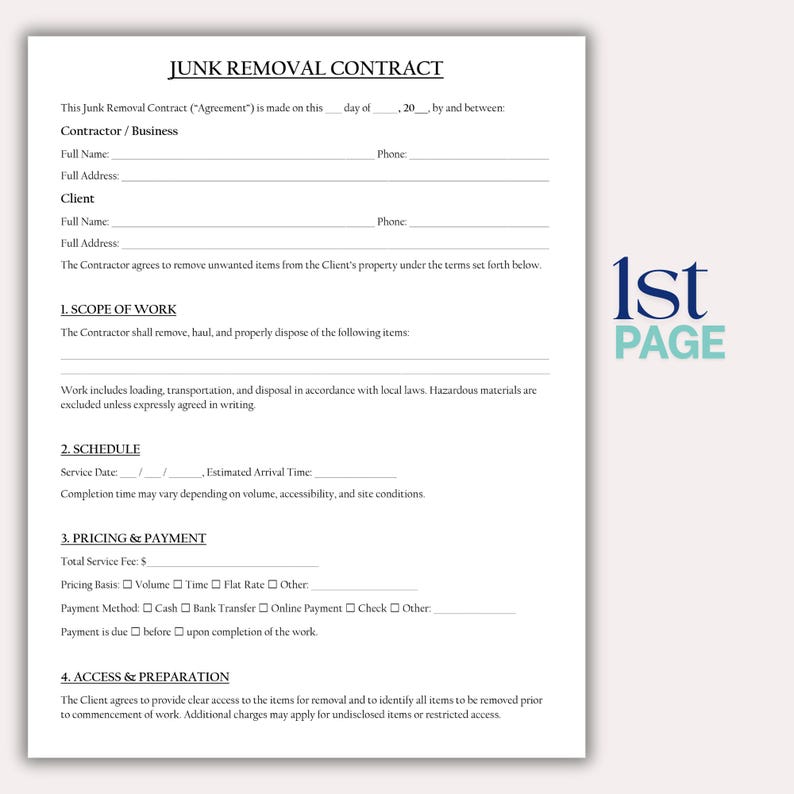 Editable Junk Removal Contract Template, Printable Trash Removal Form ...