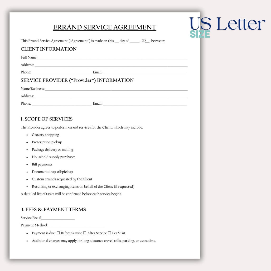Errand Service Agreement Template, Editable Personal Assistant Contract ...