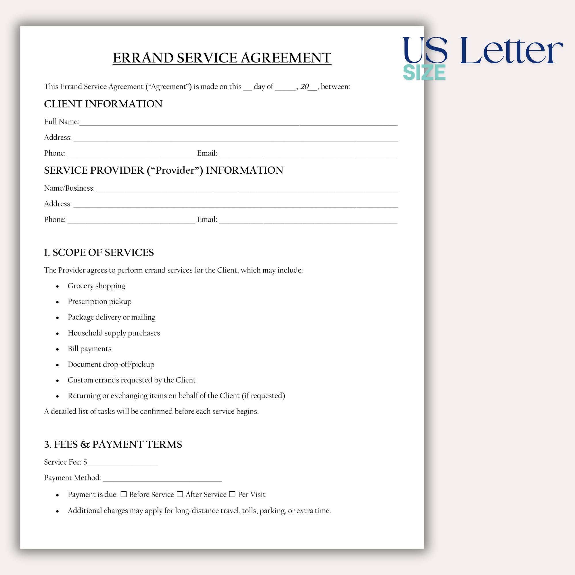 Errand Service Agreement Template, Editable Personal Assistant Contract ...