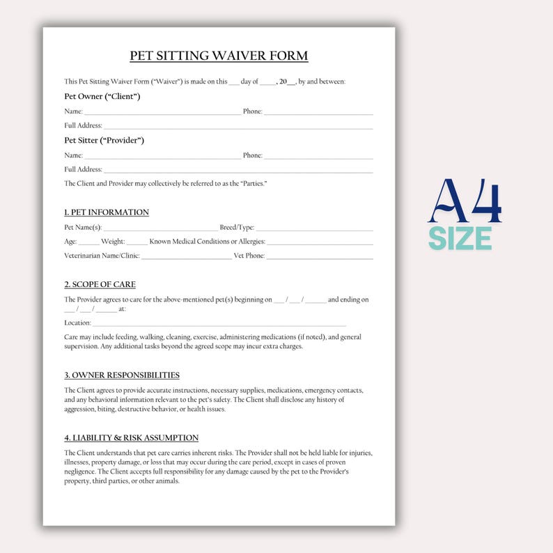 Pet Sitting Waiver Form, Printable Pet Sitting Release Form Template ...