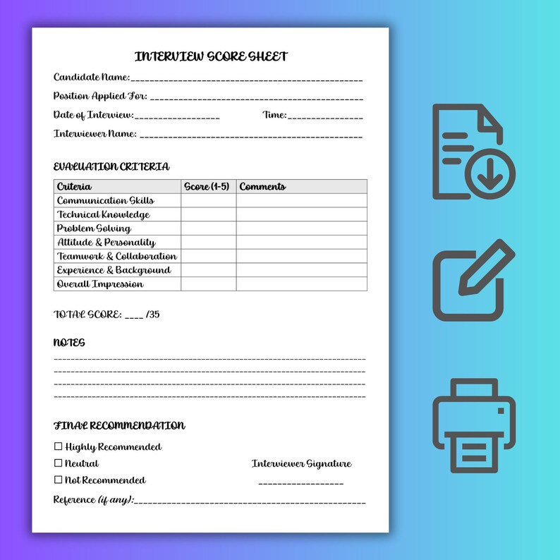 Interview Score Sheet Template | HR Candidate Evaluation Form | Job ...