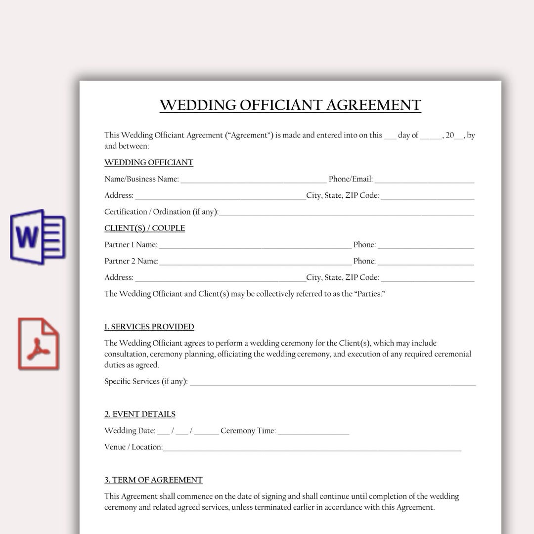 Customizable Wedding Officiant Agreement, Contract for Wedding ...